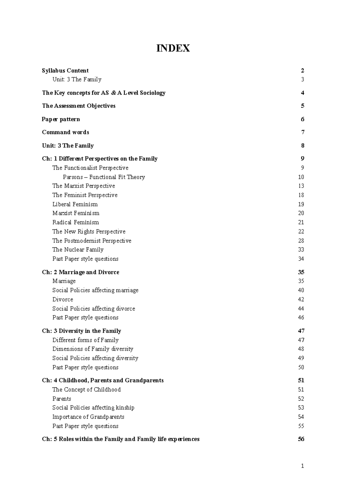 A level Sociology 9699 - INDEX Syllabus Content Unit: 3 The Family The ...