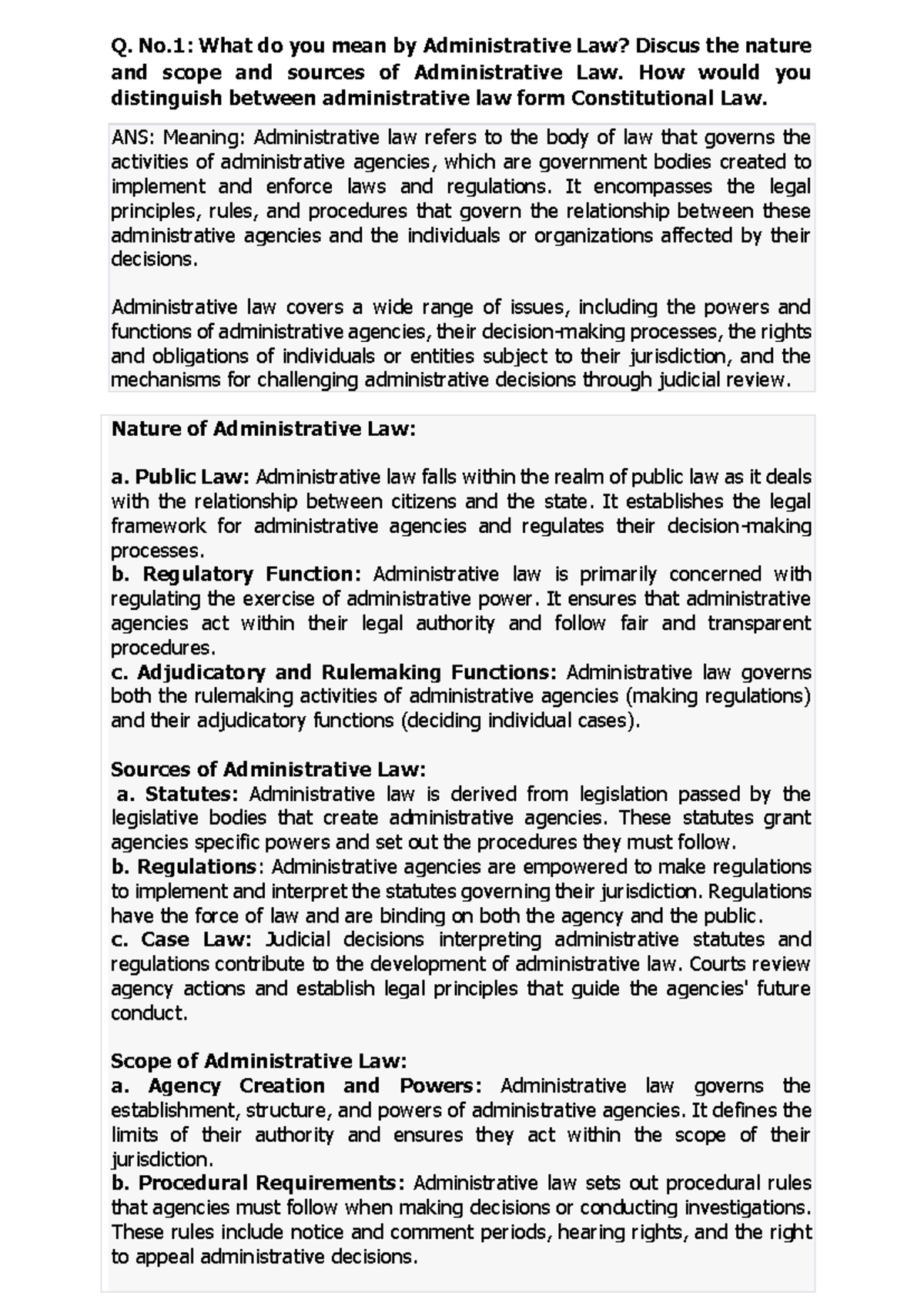 Administrative - Notes - Q. No: What do you mean by Administrative Law ...