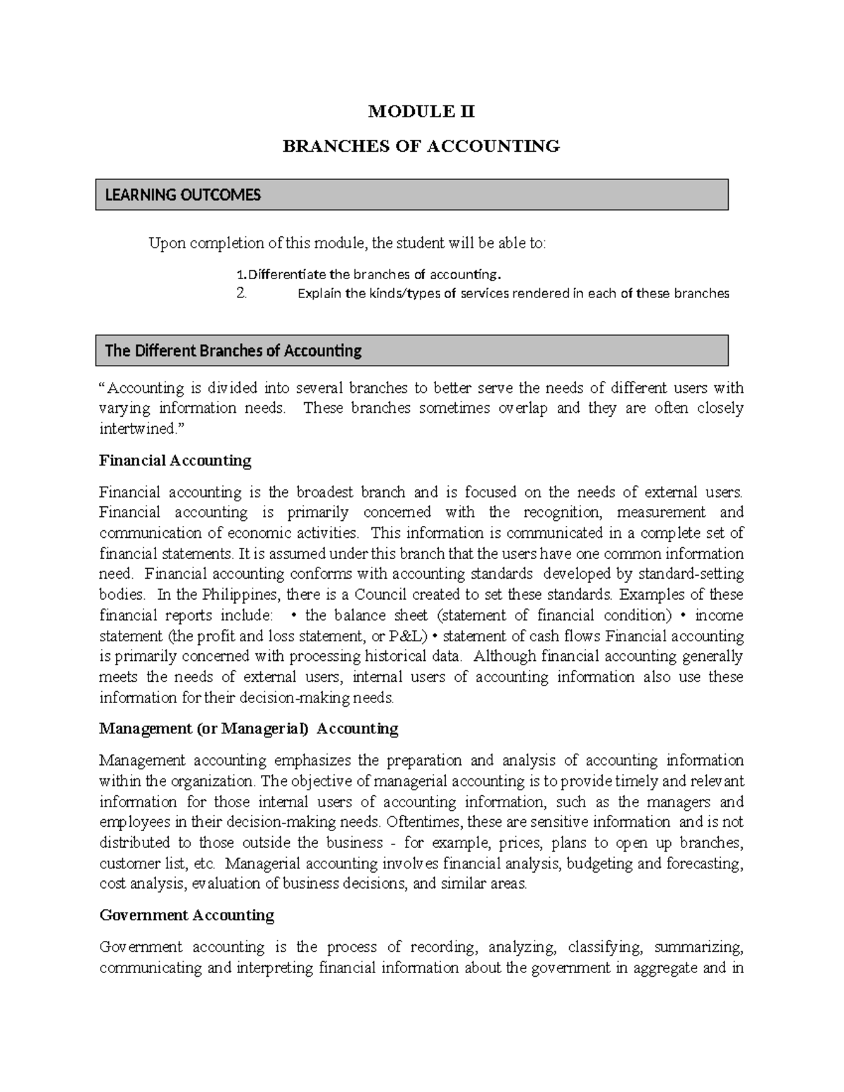 Module II Branches of Acctg - MODULE II BRANCHES OF ACCOUNTING Upon ...