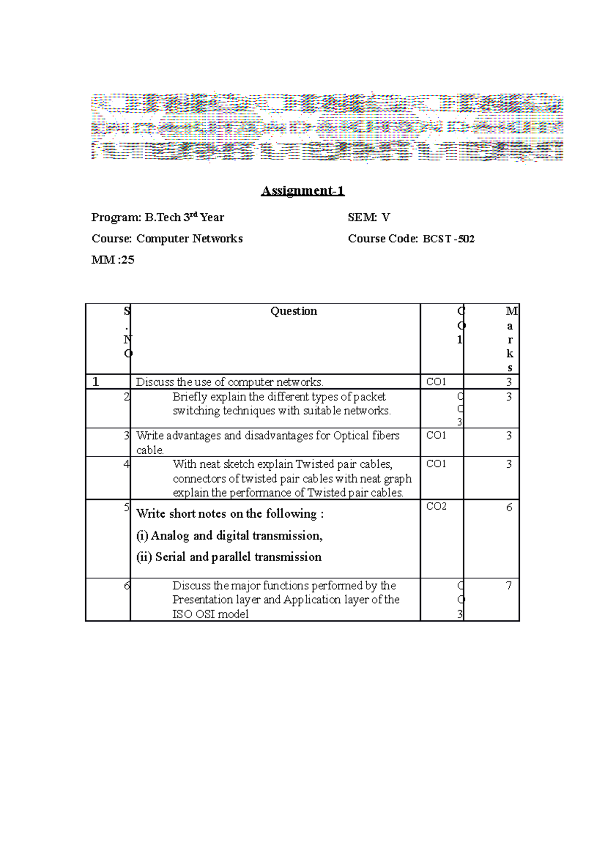 B.tech3rd Assignment 1 - Assignment- Program: B 3rd Year SEM: V Course: Computer Networks Course ...
