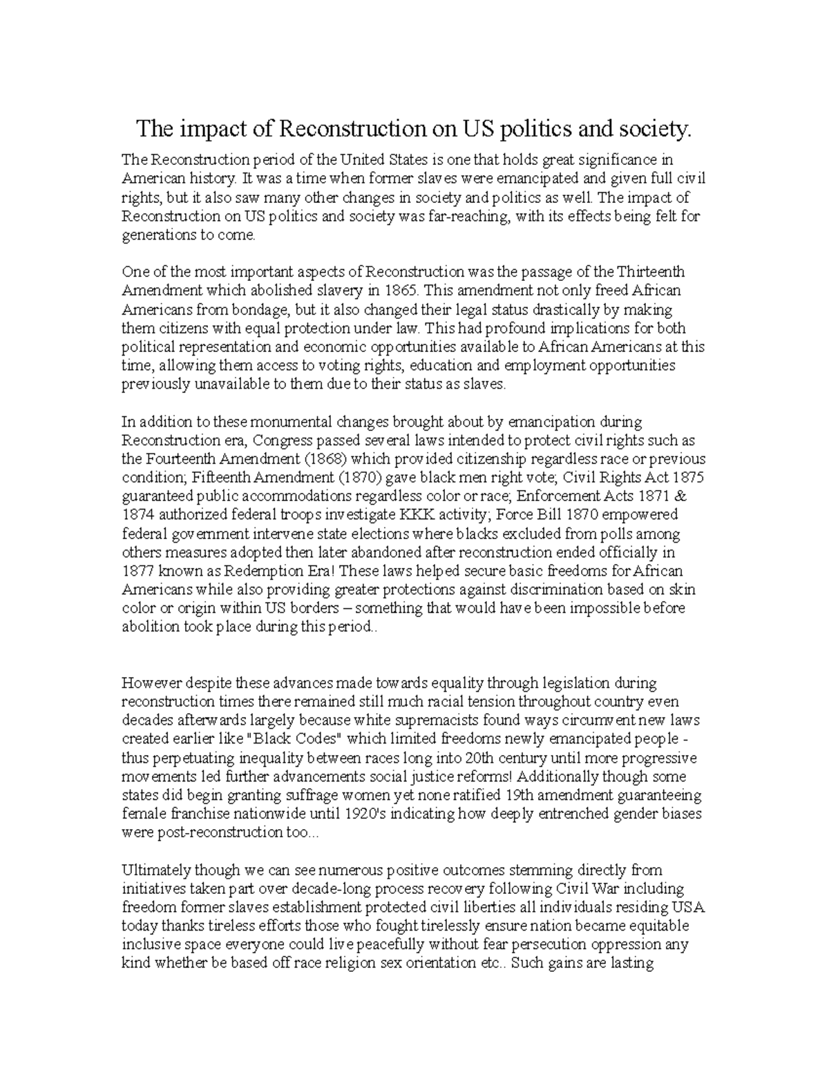 The impact of Reconstruction on US politics and society. - The ...