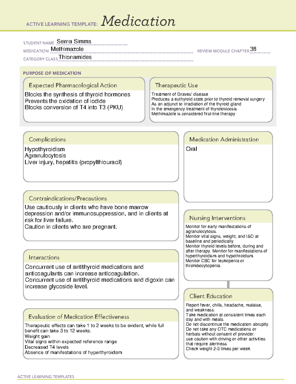 Methimazole - ACTIVE LEARNING TEMPLATES Medication STUDENT NAME - Studocu