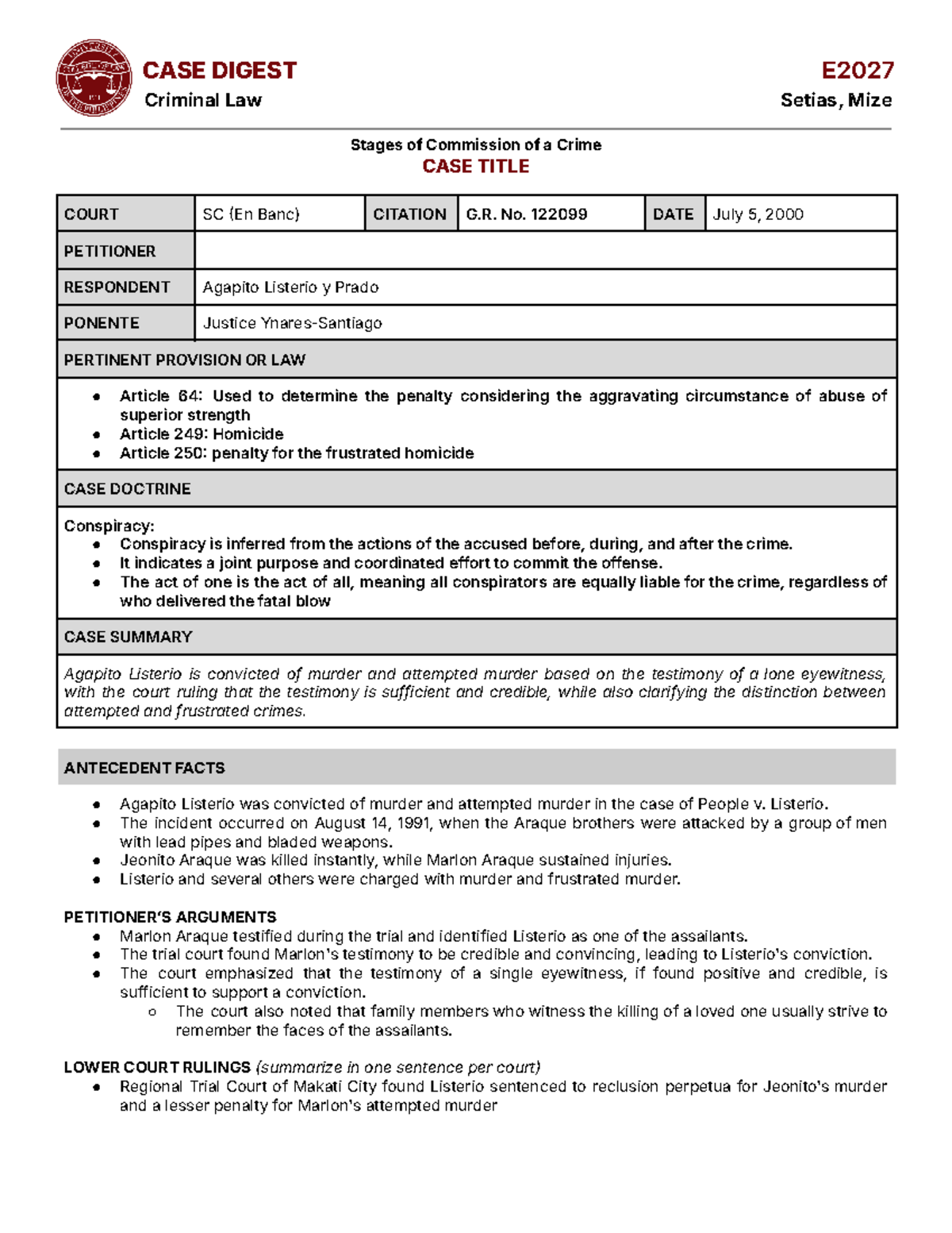People v. Listerio - PFR - CASE DIGEST E Criminal Law Setias, Mize ...