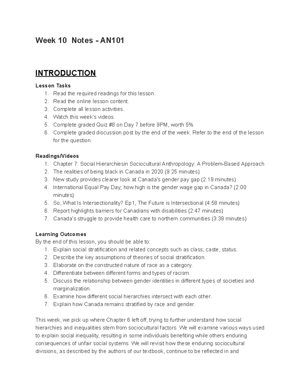 Week 10 Notes - AN100 - Week 10 Notes - AN INTRODUCTION Lesson Tasks 1 ...