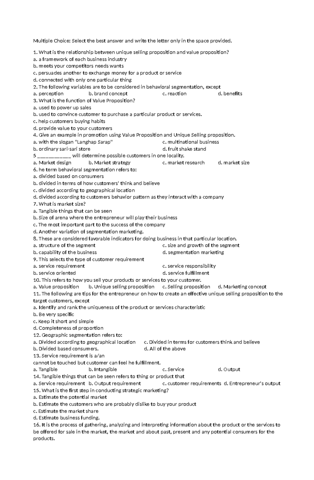 Entrep long quiz 1 - 1-10 questions - Multiple Choice: Select the best ...