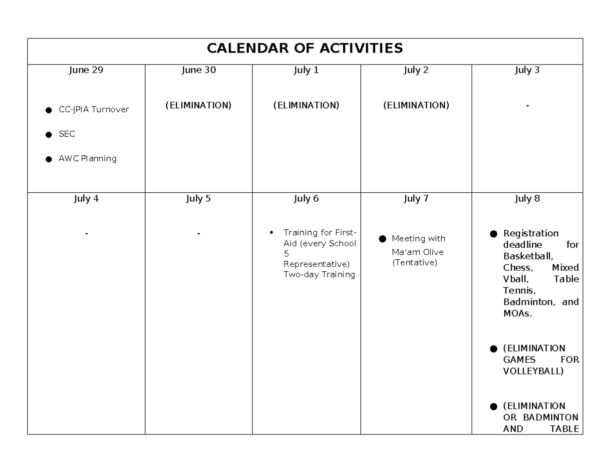 Updated Calendar AND Schedule OF Activities 1 1 - CALENDAR OF ...
