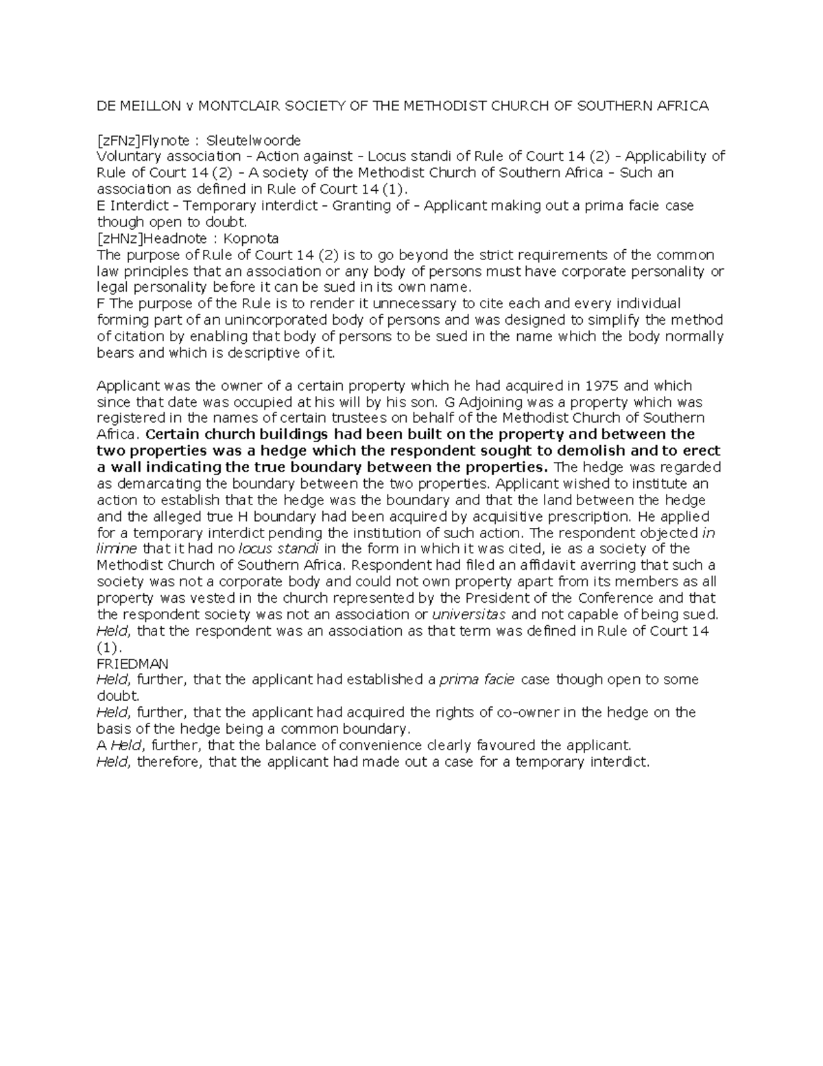 DE Meillon v Montclair Society OF THE Methodist Church OF Southern ...