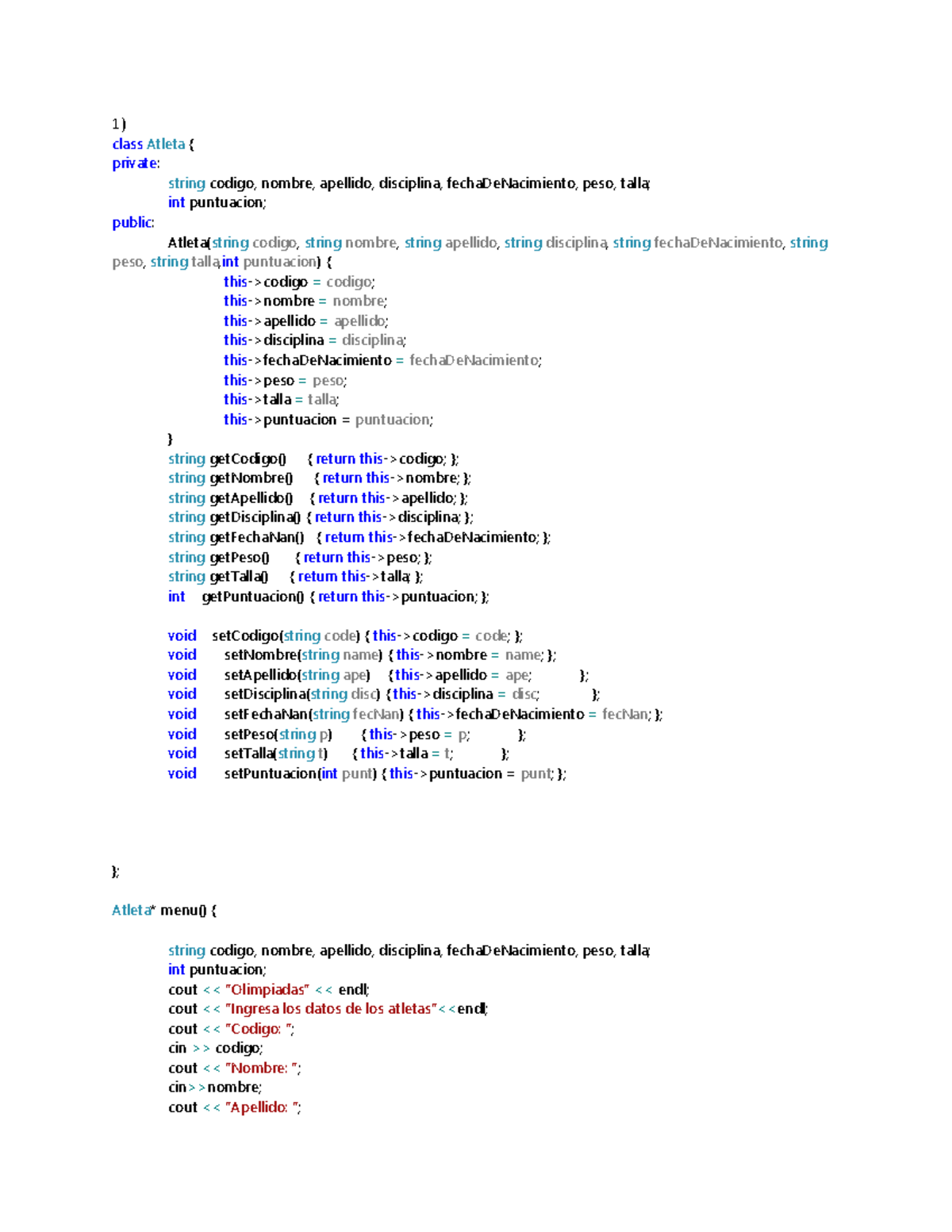 Pc1 algoritmos - pc1 pa que practiquen - 1) class Atleta { private: string codigo, nombre ...