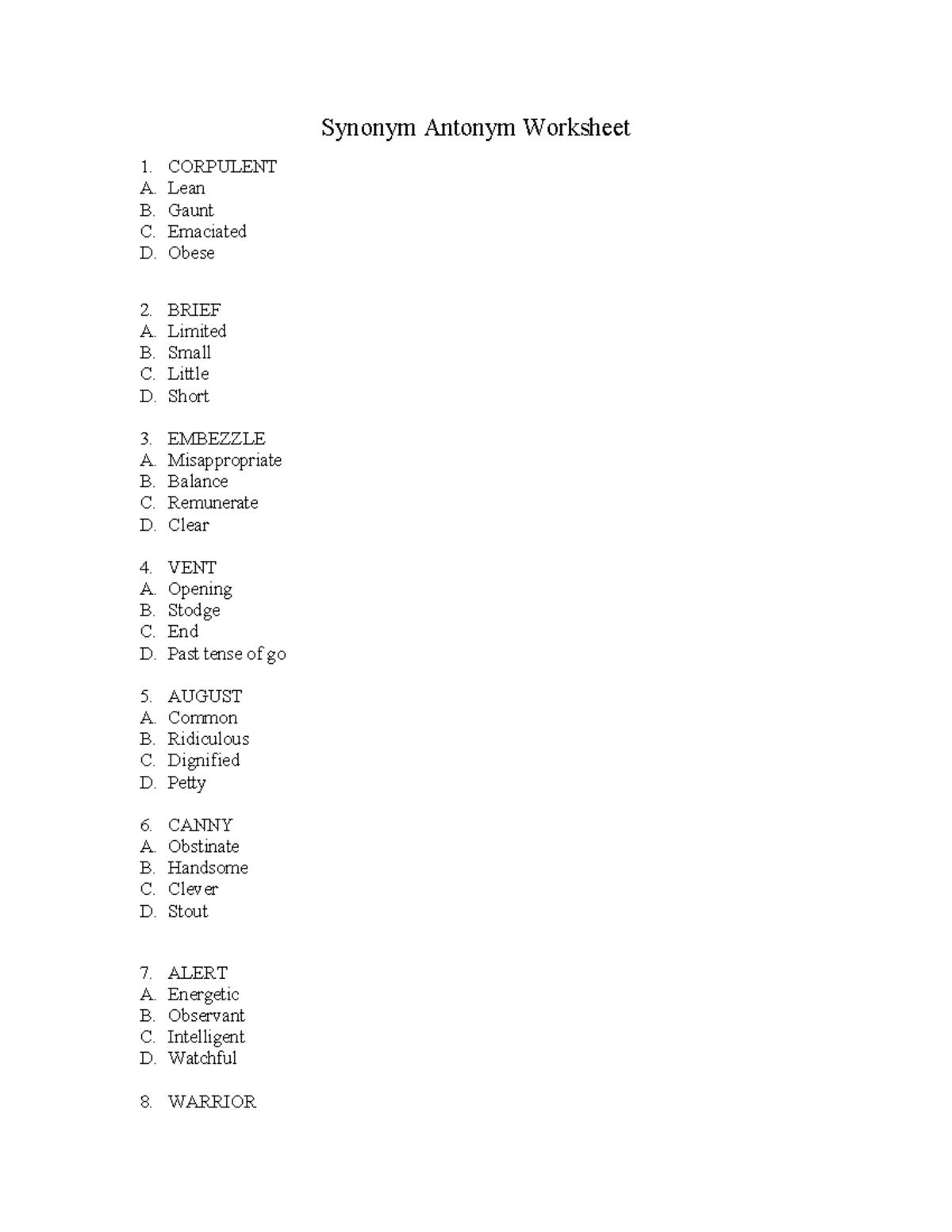 Synonym Antonym Worksheet NO words - Synonym Antonym Worksheet 1 ...