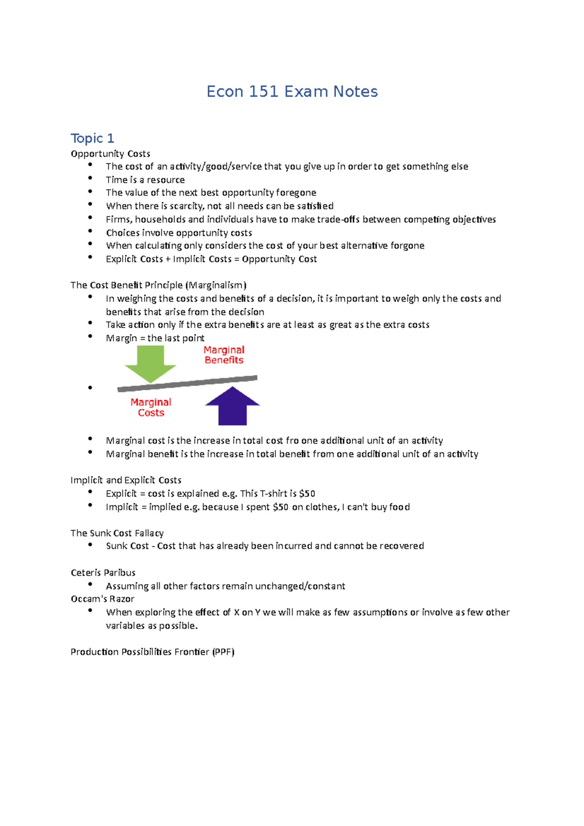 Econ 151 Exam Notes - Econ 151 Exam Notes Topic 1 Opportunity Costs The ...
