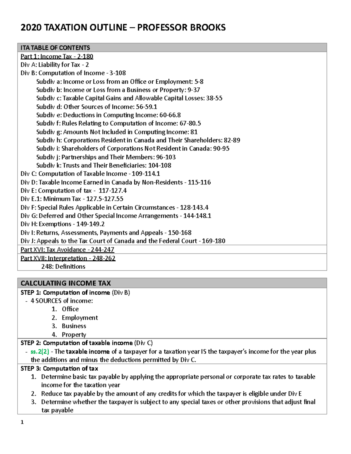 Taxation Outline – Professor Brooks - 2020 - 2020 TAXATION OUTLINE ...
