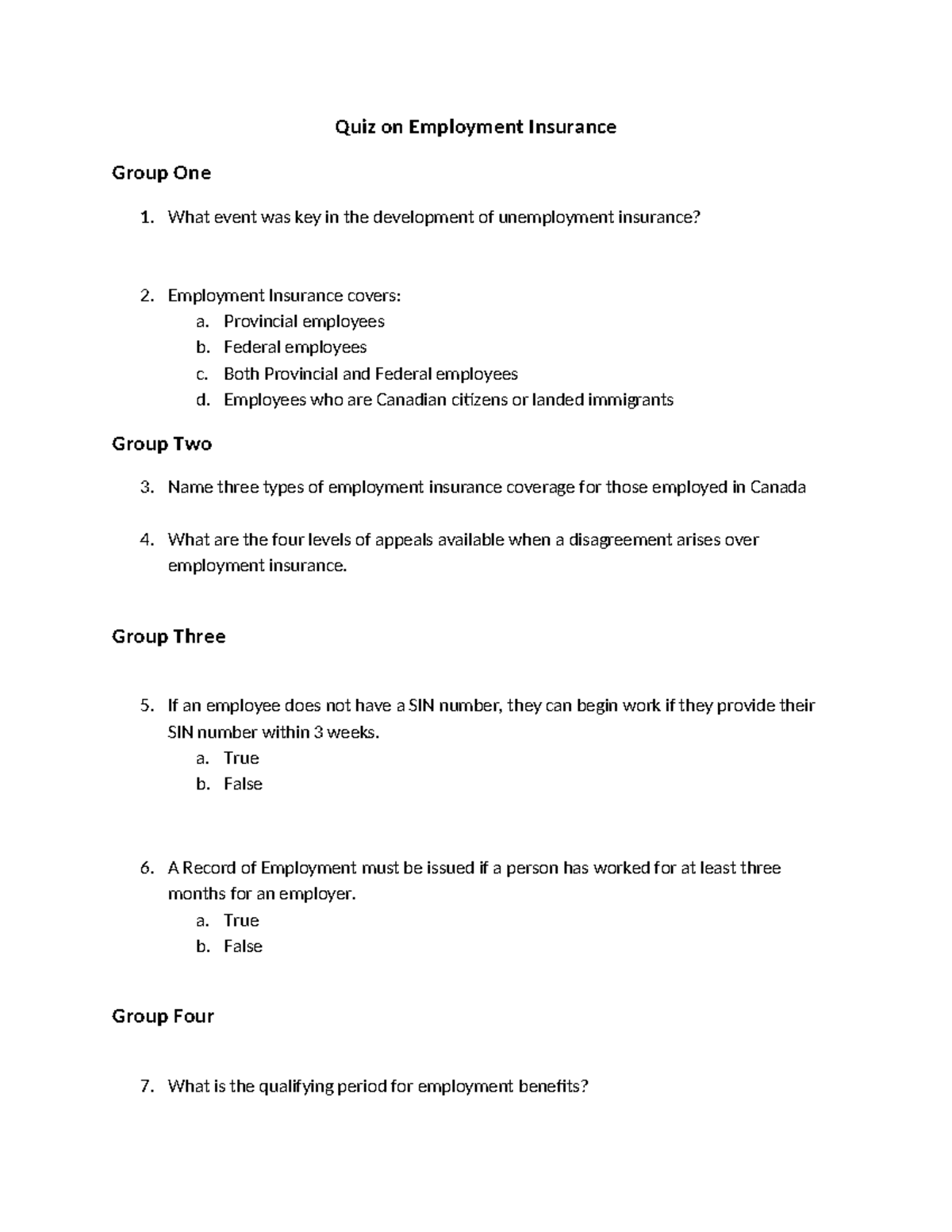 5. Quiz on Employment Insurance - Quiz on Employment Insurance Group ...