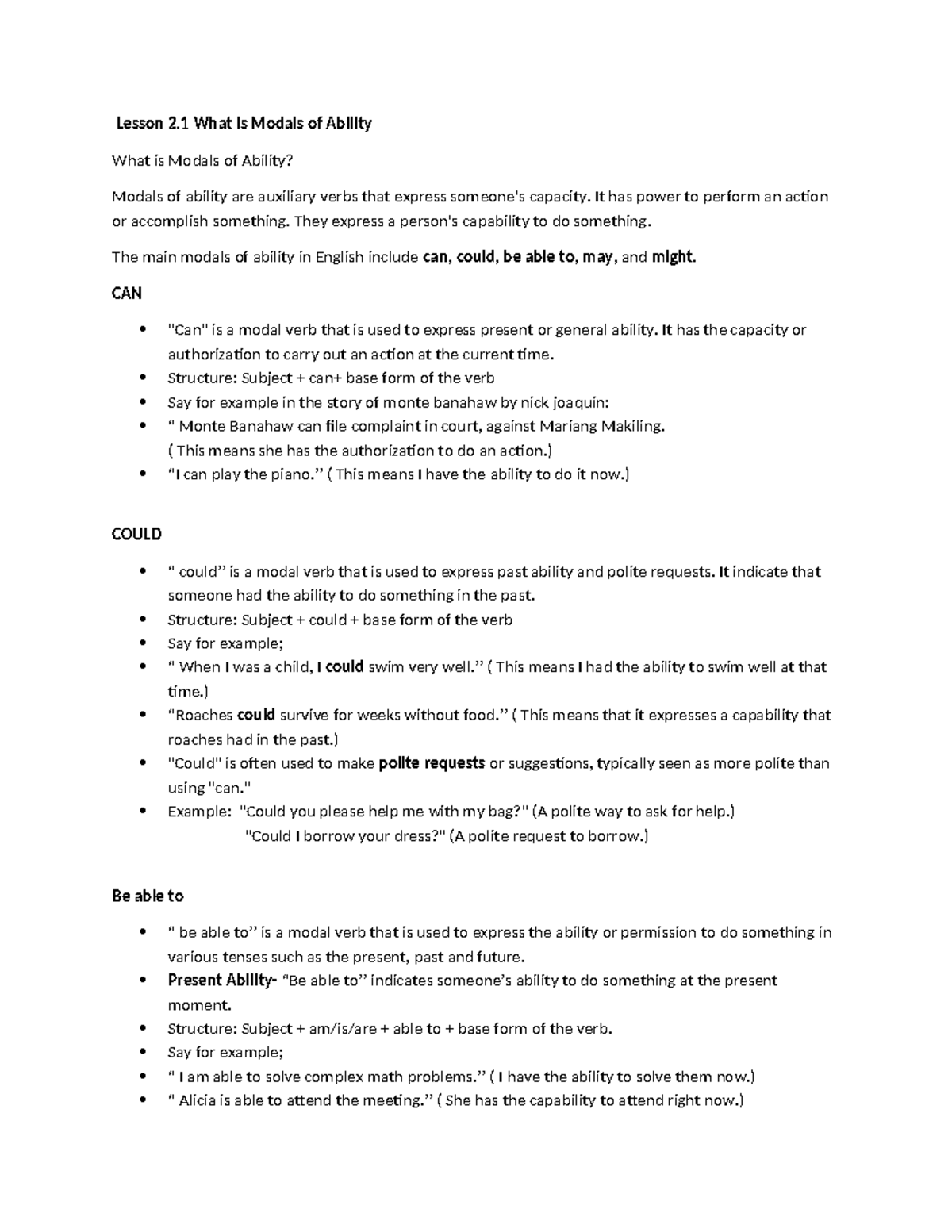 Lesson-2 - LESSON - Lesson 2 What is Modals of Ability What is Modals ...