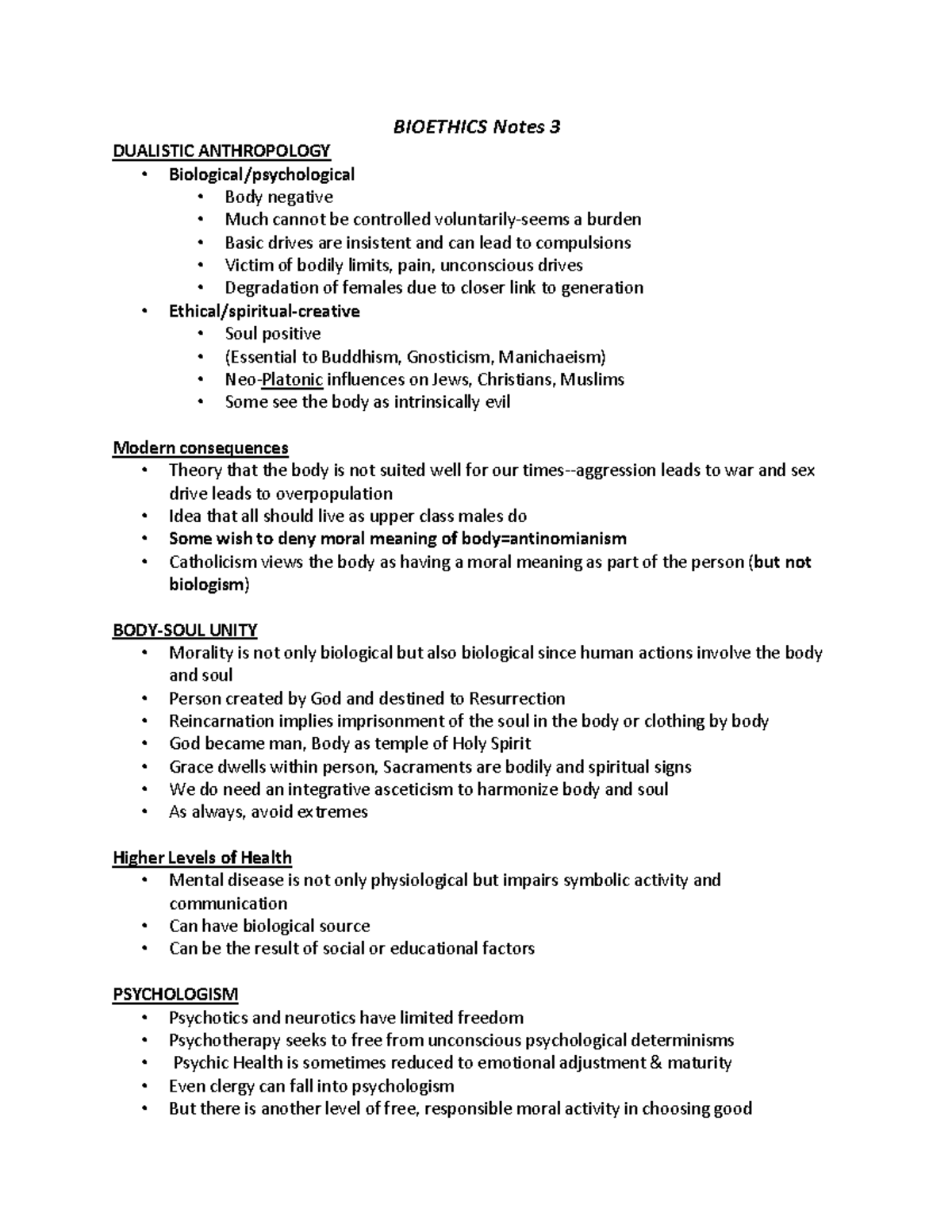 bioethic lectures - BIOETHICS Notes 3 DUALISTIC ANTHROPOLOGY Biological ...