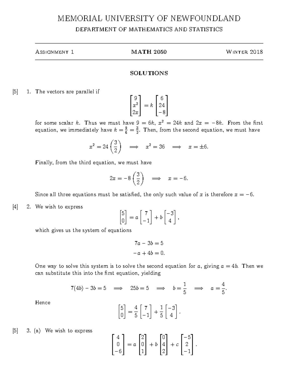Soln1 - mandatory assignment 1 solutions - MEMORIAL UNIVERSITY OF NEWFOUNDLAND DEPARTMENT OF ...