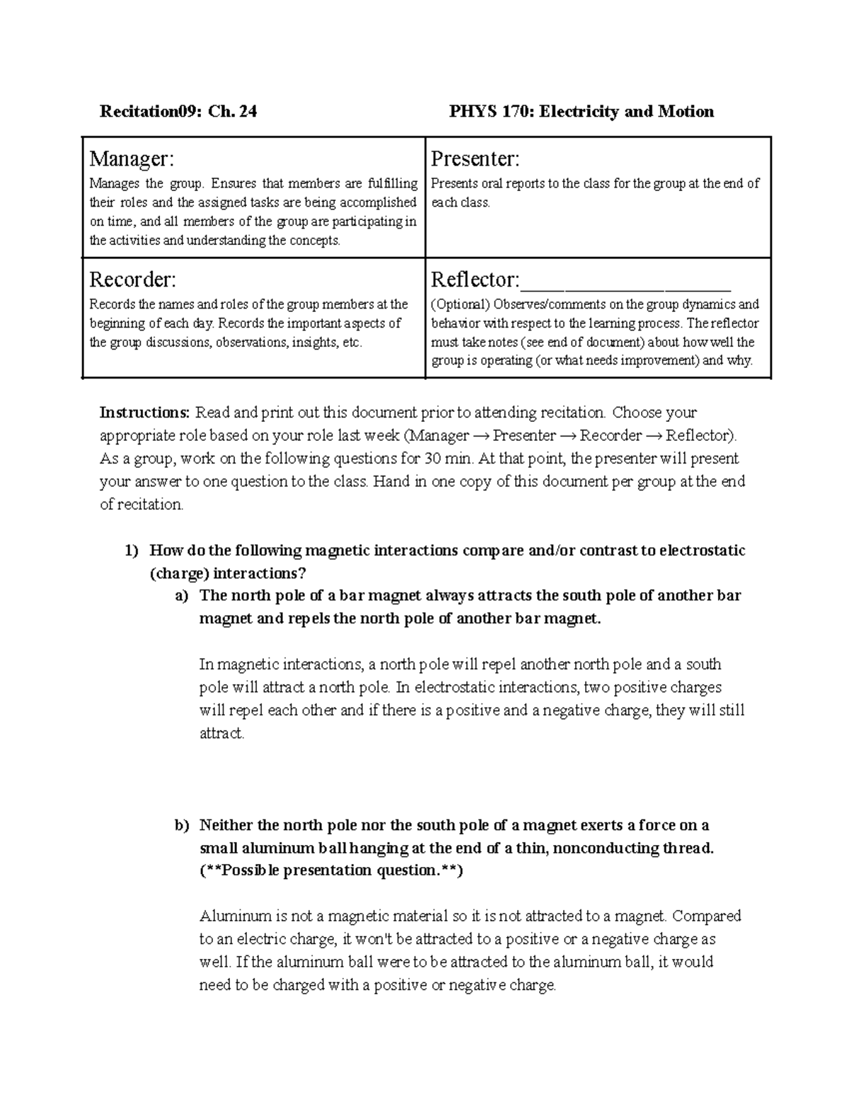 Recitation09: Ch. 24 PHYS 170: Electricity and Motion - Studocu
