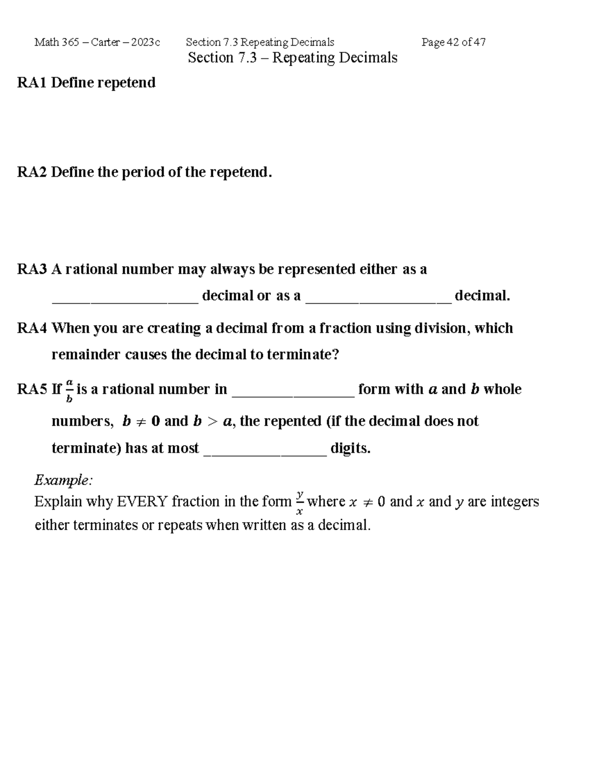 Notes Sec 7 3 - Some hw questions for exams. - Section 7 – Repeating ...