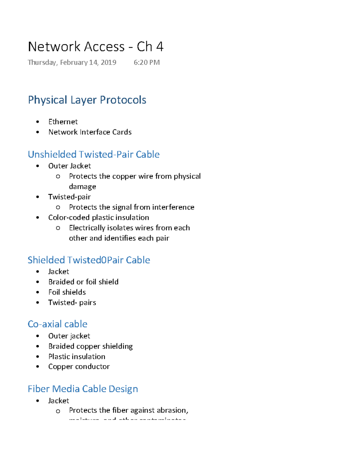 Network Access - Ch 4 - Lecture notes - Physical Layer Protocols ...