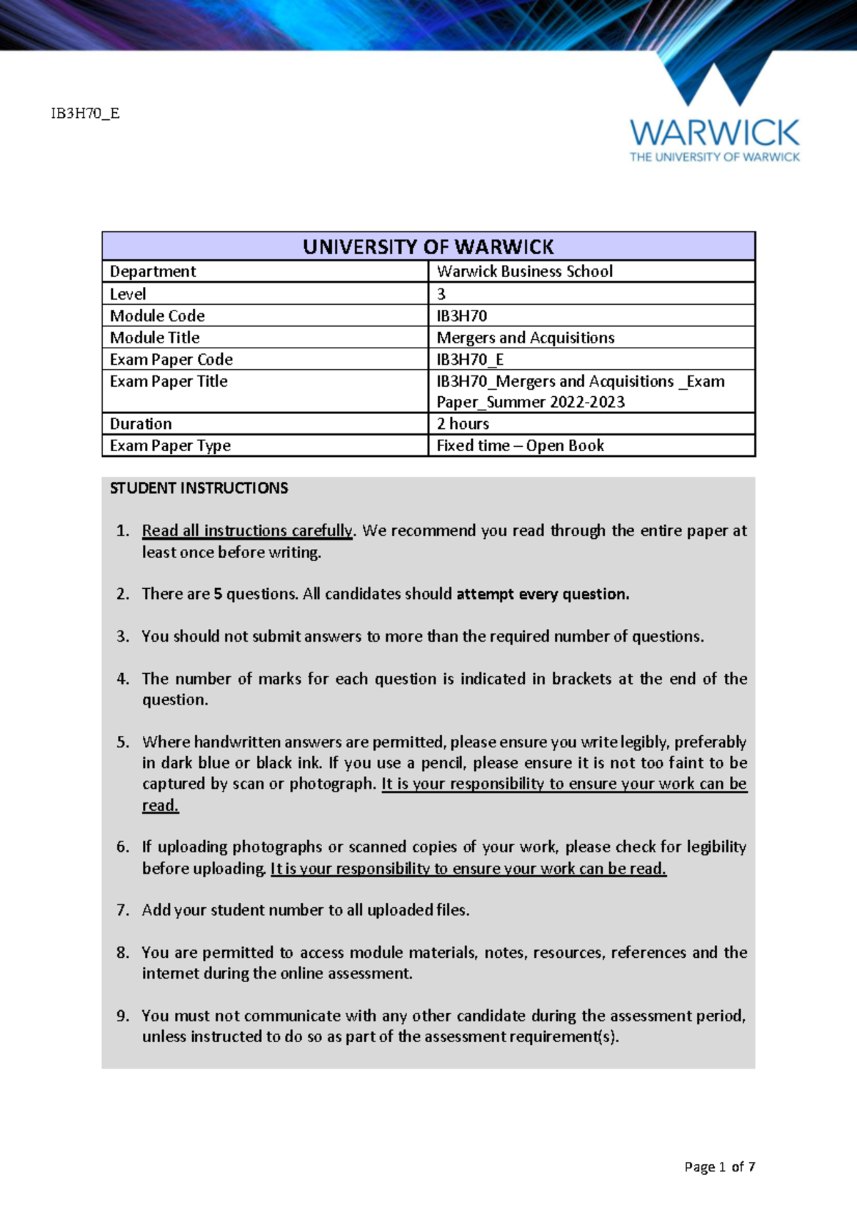 adskjawdlkadmlasndbma - UNIVERSITY OF WARWICK Department Warwick Business School Level 3 Module ...