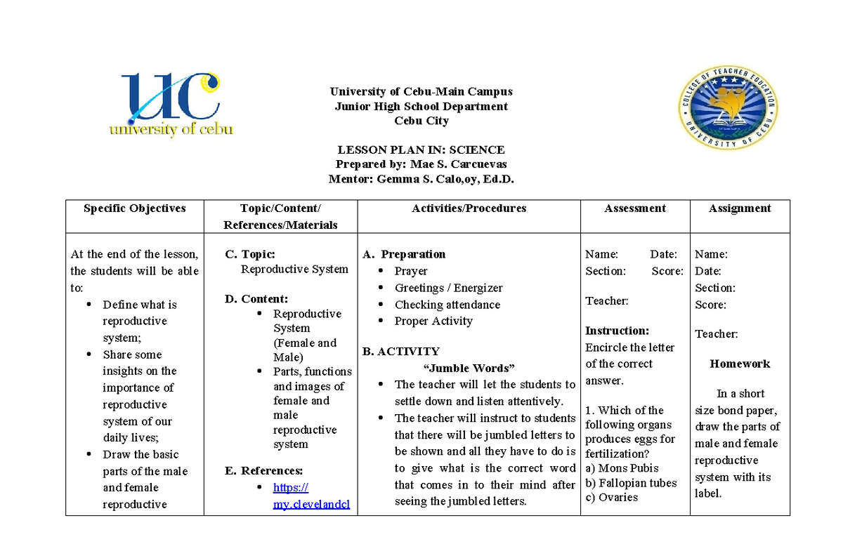 Lesson Plan in Reproductive System - University of Cebu-Main Campus ...