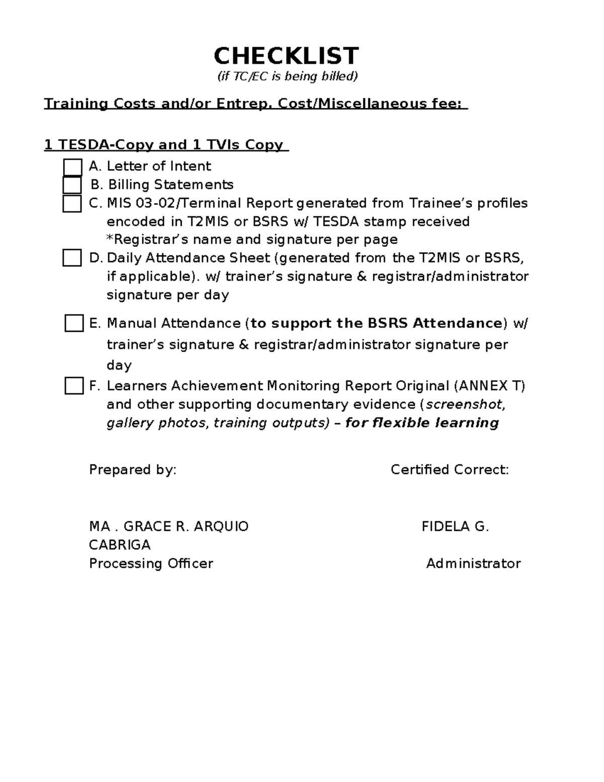 Checklist 2024 TWSP Scholars - (if TC/EC is being billed) Training ...