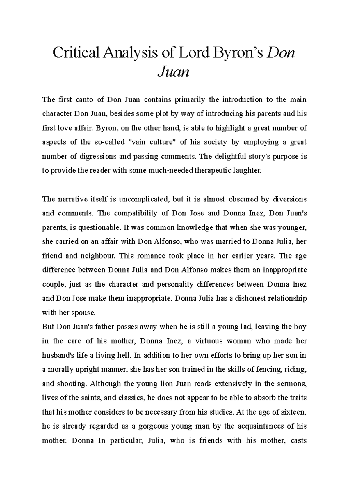 Critical Analysis of Lord Byron’s Don Juan - Critical Analysis of Lord ...