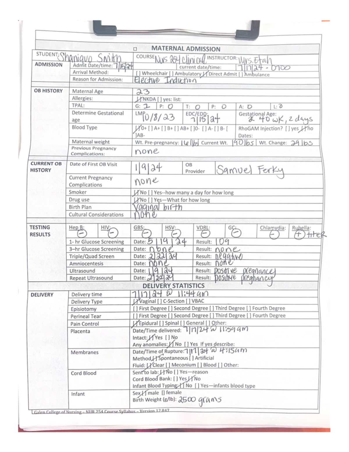 Maternal: Newborn - Clinical packet - MATERNAL ADMISSION STUDENT ...
