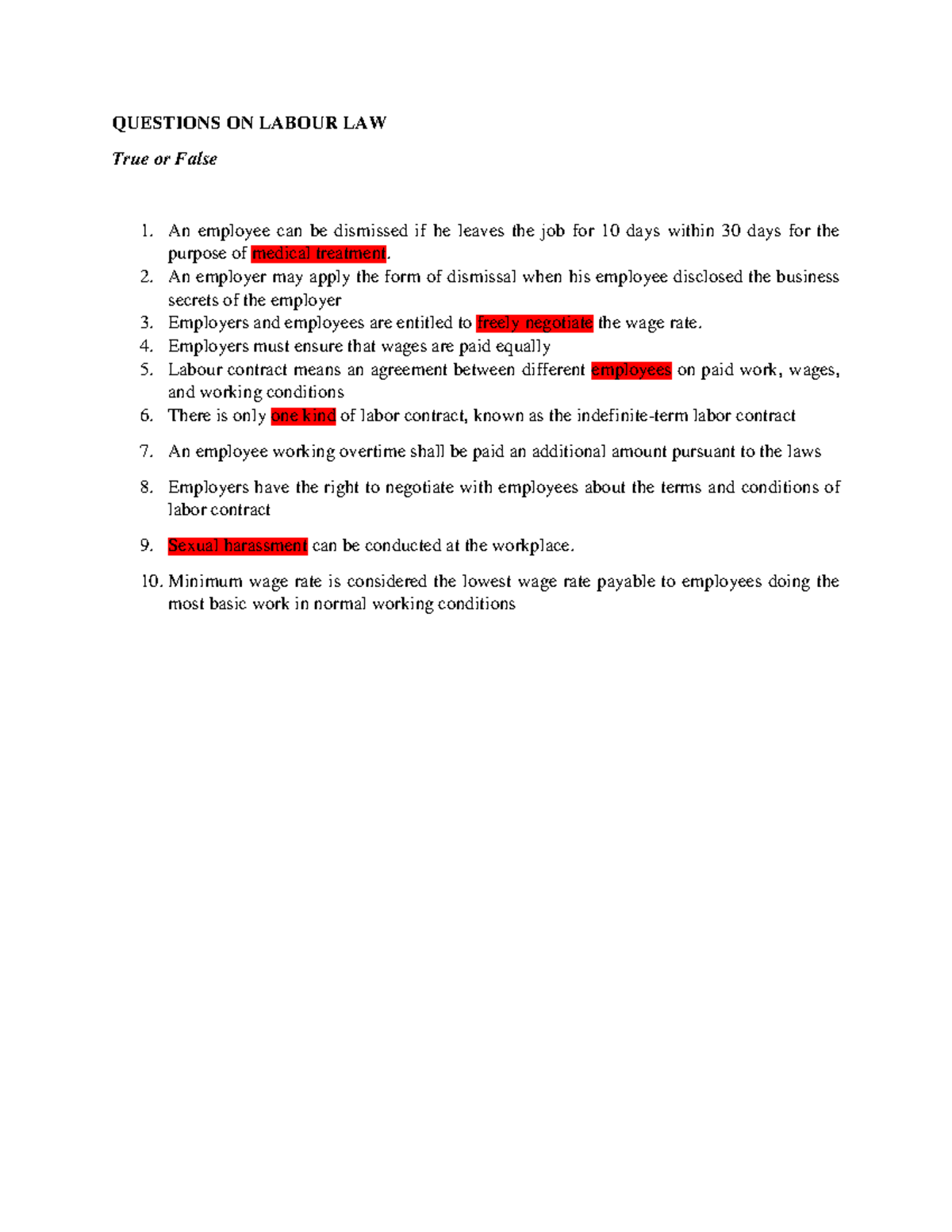 2021. LMS2. Questions ON Labour LAW - QUESTIONS ON LABOUR LAW True or ...