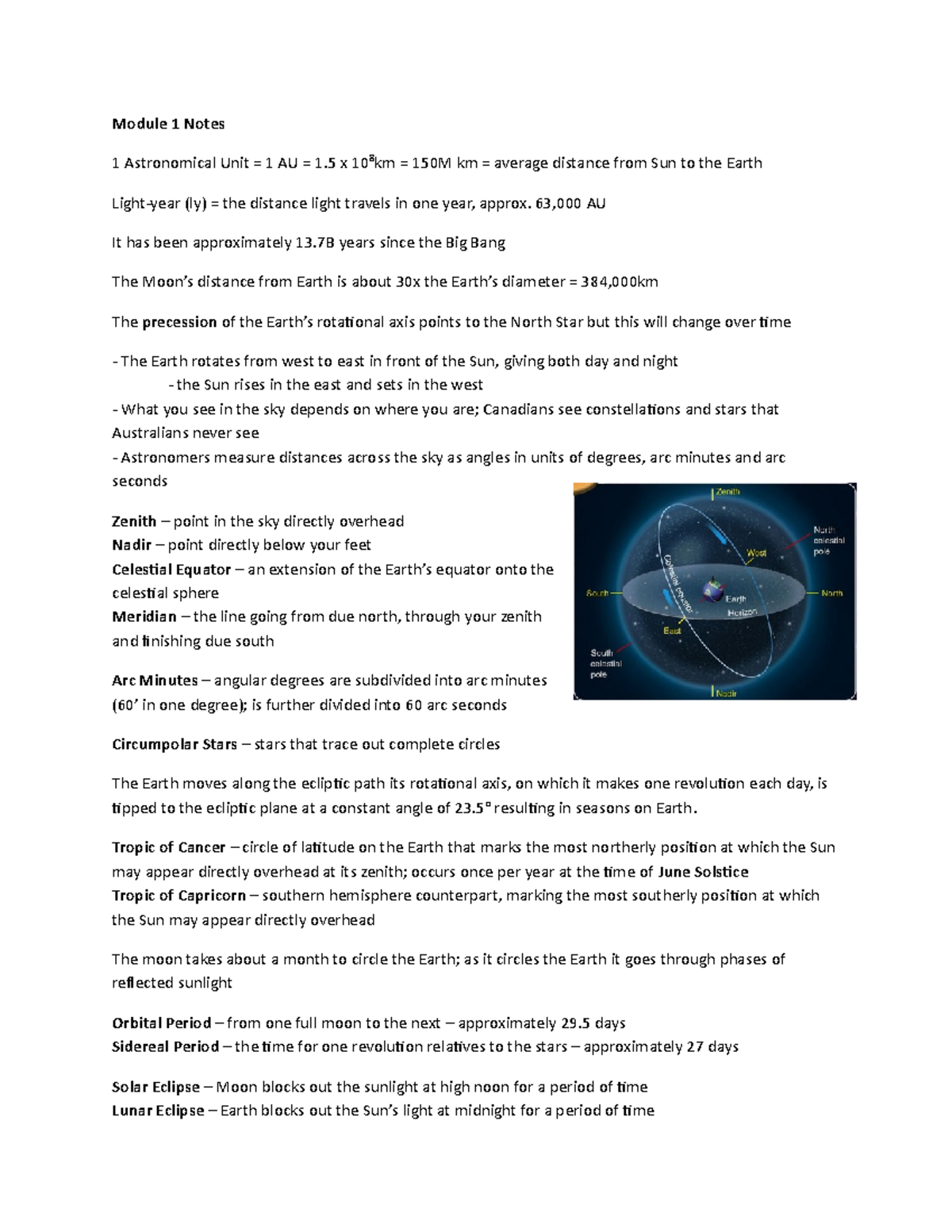 Module 1 Notes - Module 1 Notes 1 Astronomical Unit = 1 AU = 1 x 10 8 ...
