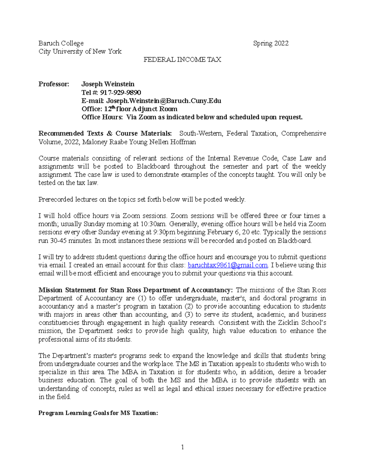 Outline Spring 2022 Final - Revised Post Midterm - Baruch College ...