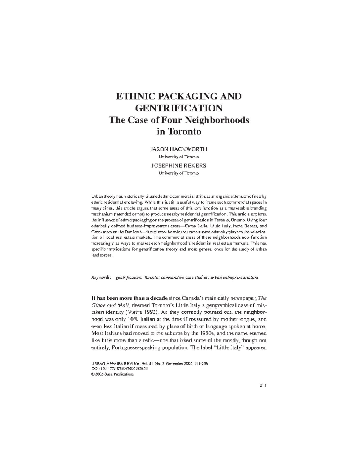 Hackworth rekers 2005 ethnic packaging and gentrification the case of ...