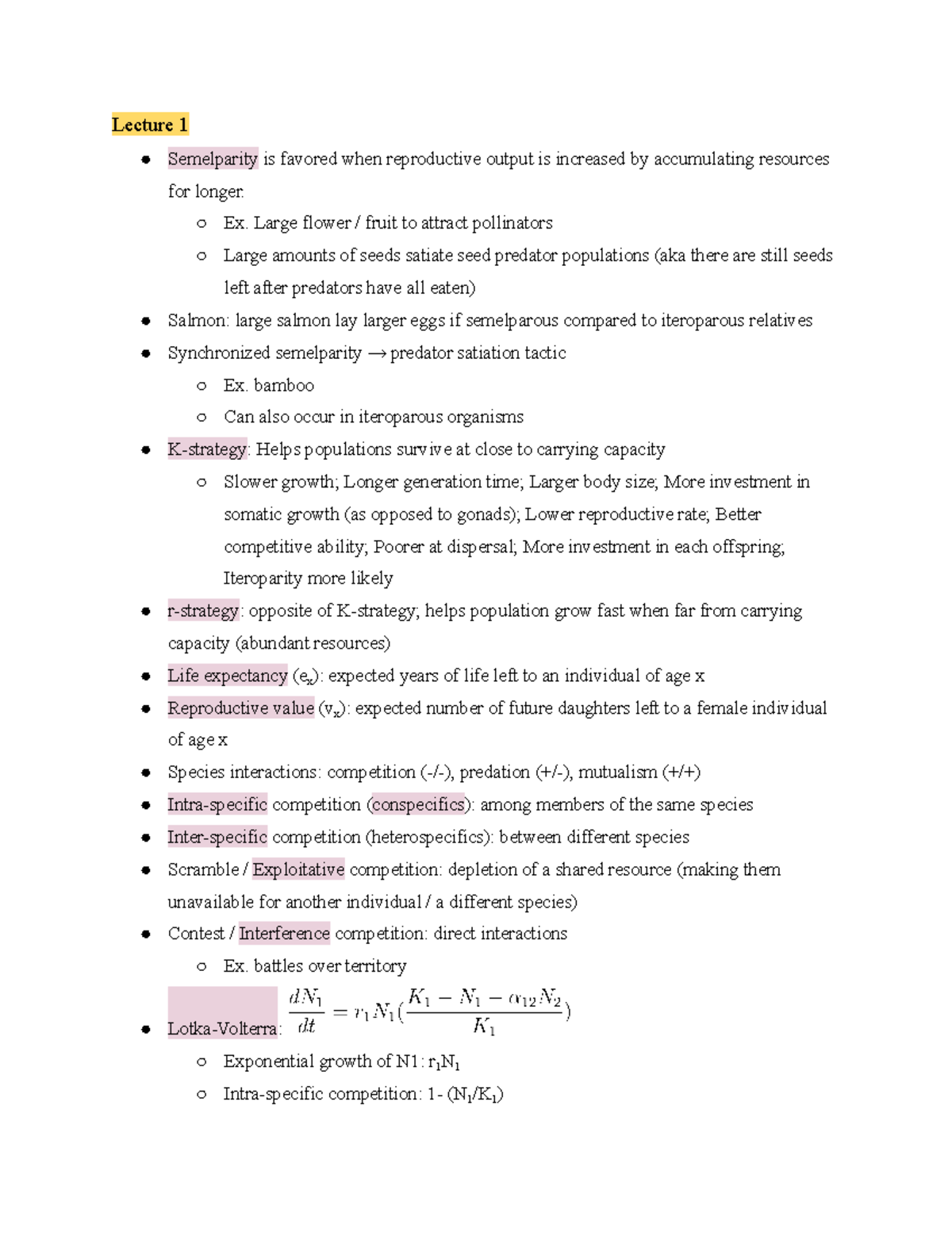 BIO120 Lecture Notes Lotka-Volterra - Lecture 1 Semelparity is favored ...