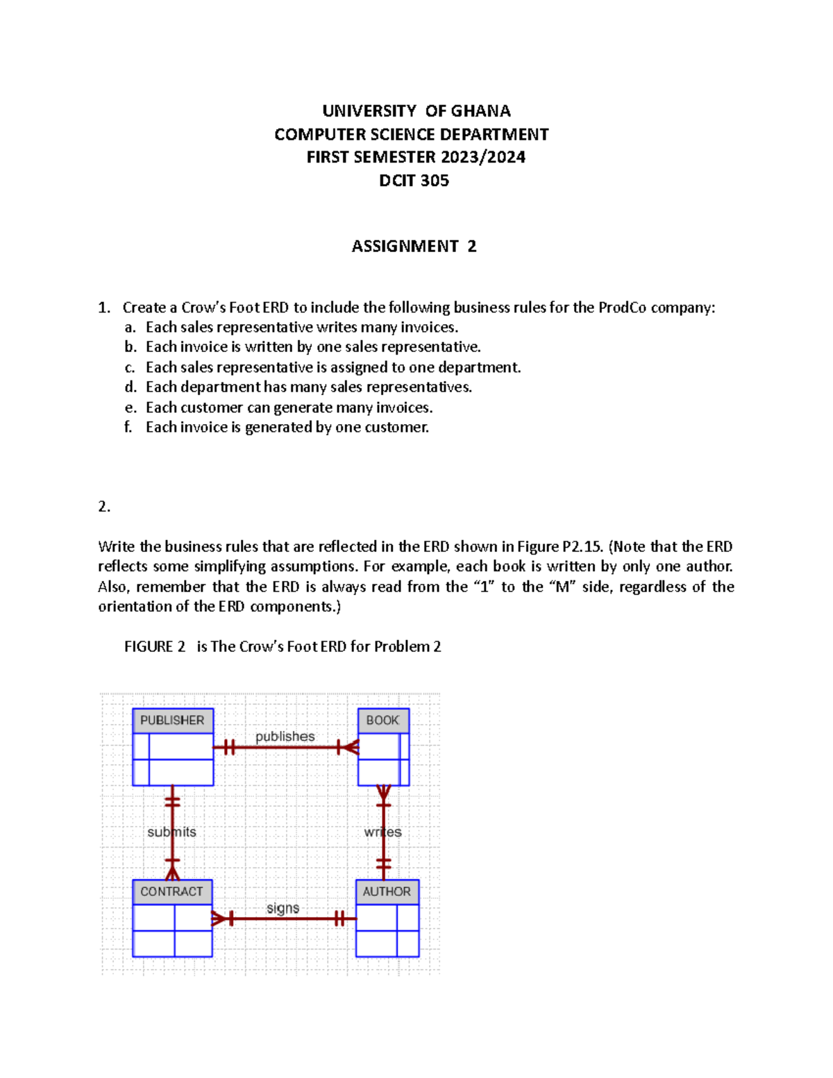 Assignment 2 - UNIVERSITY OF GHANA COMPUTER SCIENCE DEPARTMENT FIRST SEMESTER 2023/ DCIT 305 ...