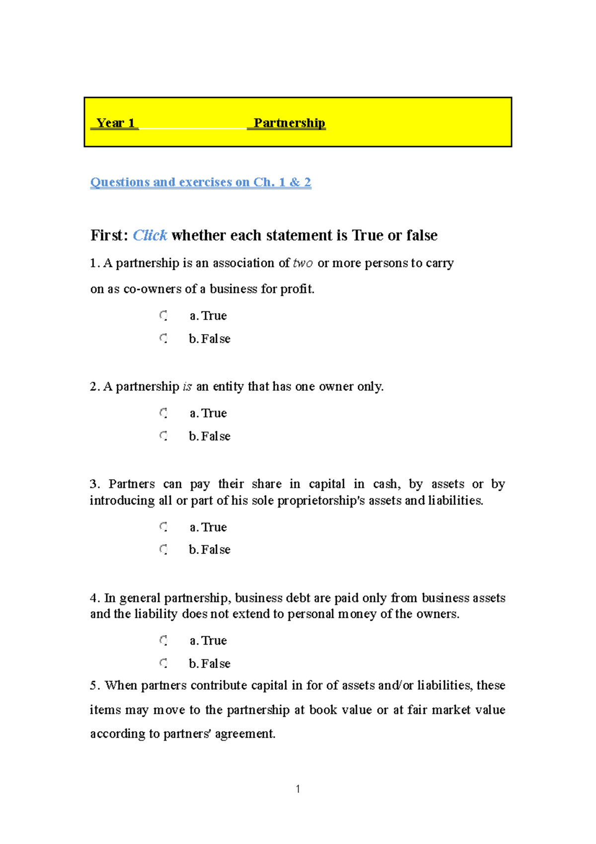 أسئلة محاسبة شركات(partnership) - Year 1 Partnership Questions and ...