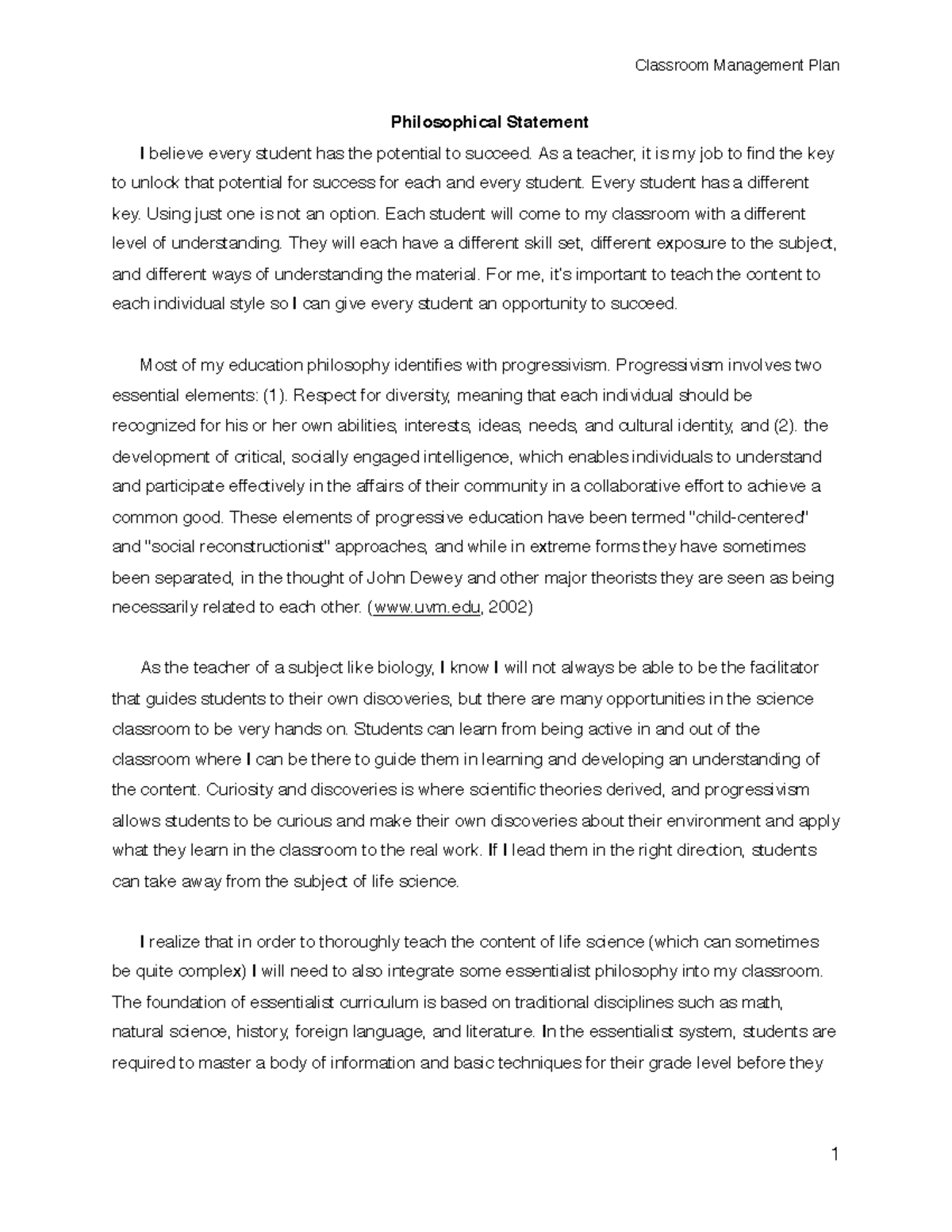 Classroommanagementplan - Philosophical Statement I believe every ...