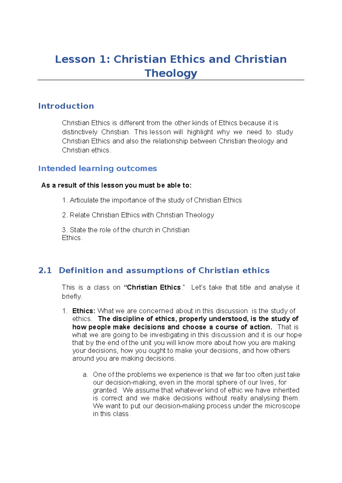 Lesson 1 Ethics - Lesson 1: Christian Ethics and Christian Theology ...