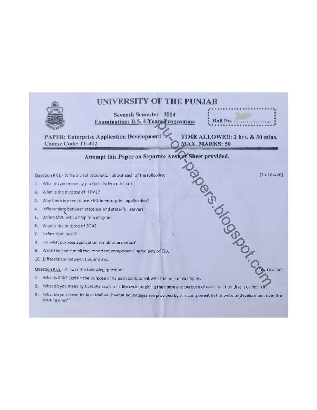 Enterprise Unsolved - UNIVERSITY OF THE PUNJAB Seventh Semester 2014 ...