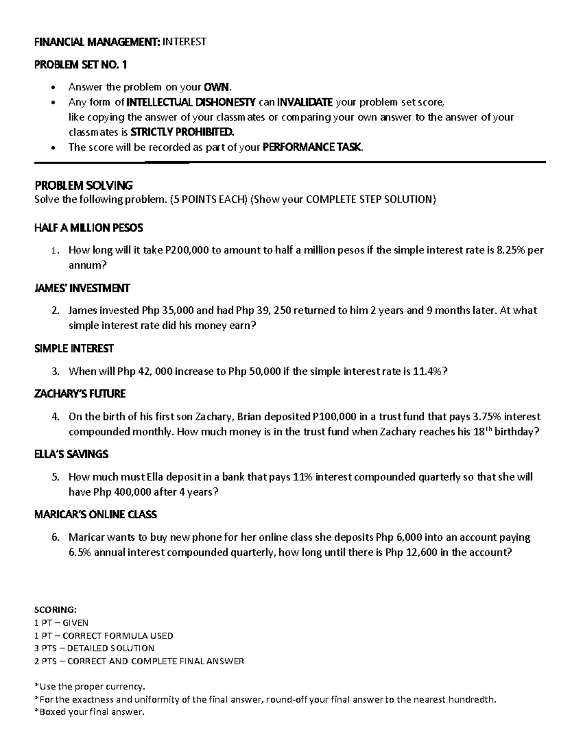 Problem Set 1 Financial Management Simple and Compound Interest ...