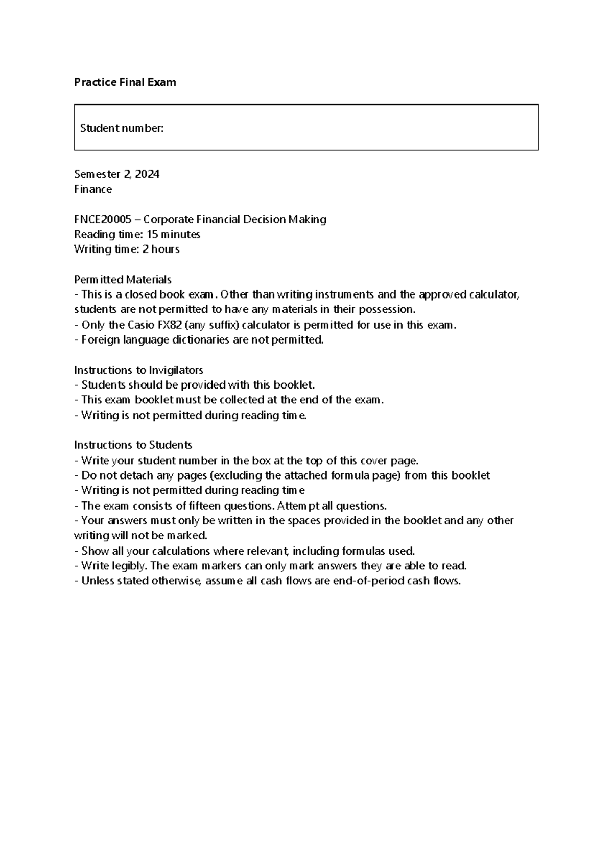 Practice Final Exam - Hide answer - Practice Final Exam Student number ...