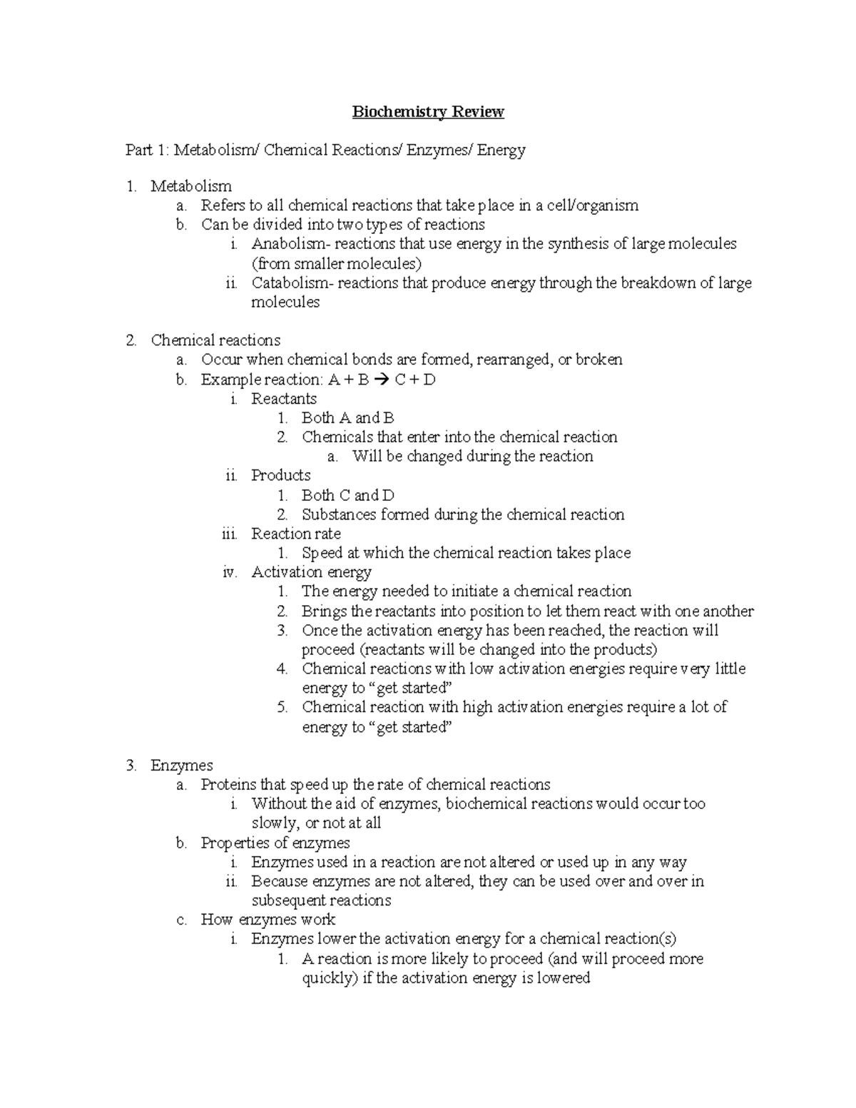 Biochemistry review - thh - Biochemistry Review Part 1: Metabolism ...