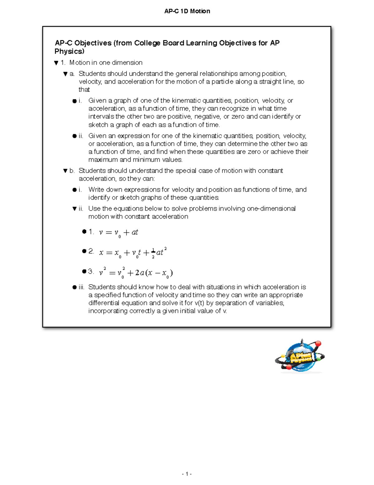 APC-1D Motion - AP-C 1D Motion - 1 - 1. a. i. ii. b. i. ii. 1. 2. 3 ...
