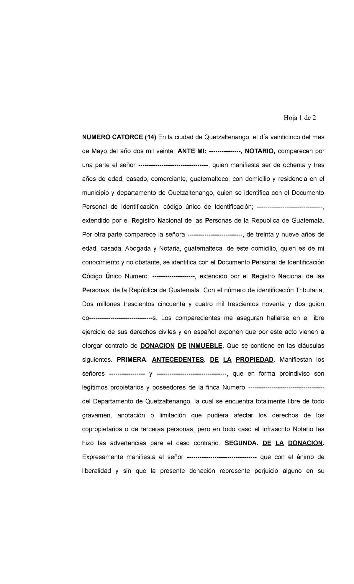 Escritura Publica de Donacion derechos copropiedad - NUMERO CATORCE (14 ...