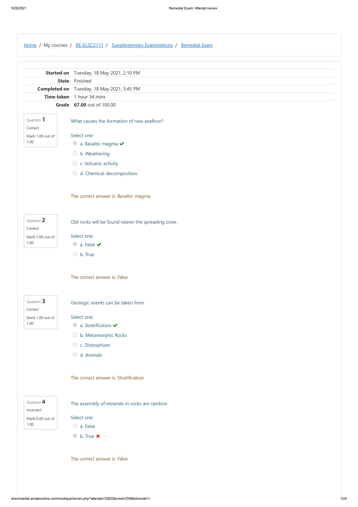 ELSC2111 Earth AND LIFE Science Remedial Exam 100 - Home / My courses ...