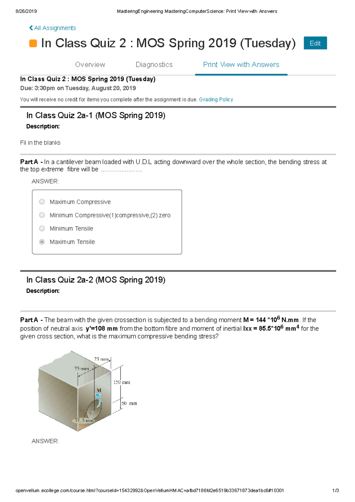 Quiz 2 2019, questions and answers - 8/26/2019 MasteringEngineering ...