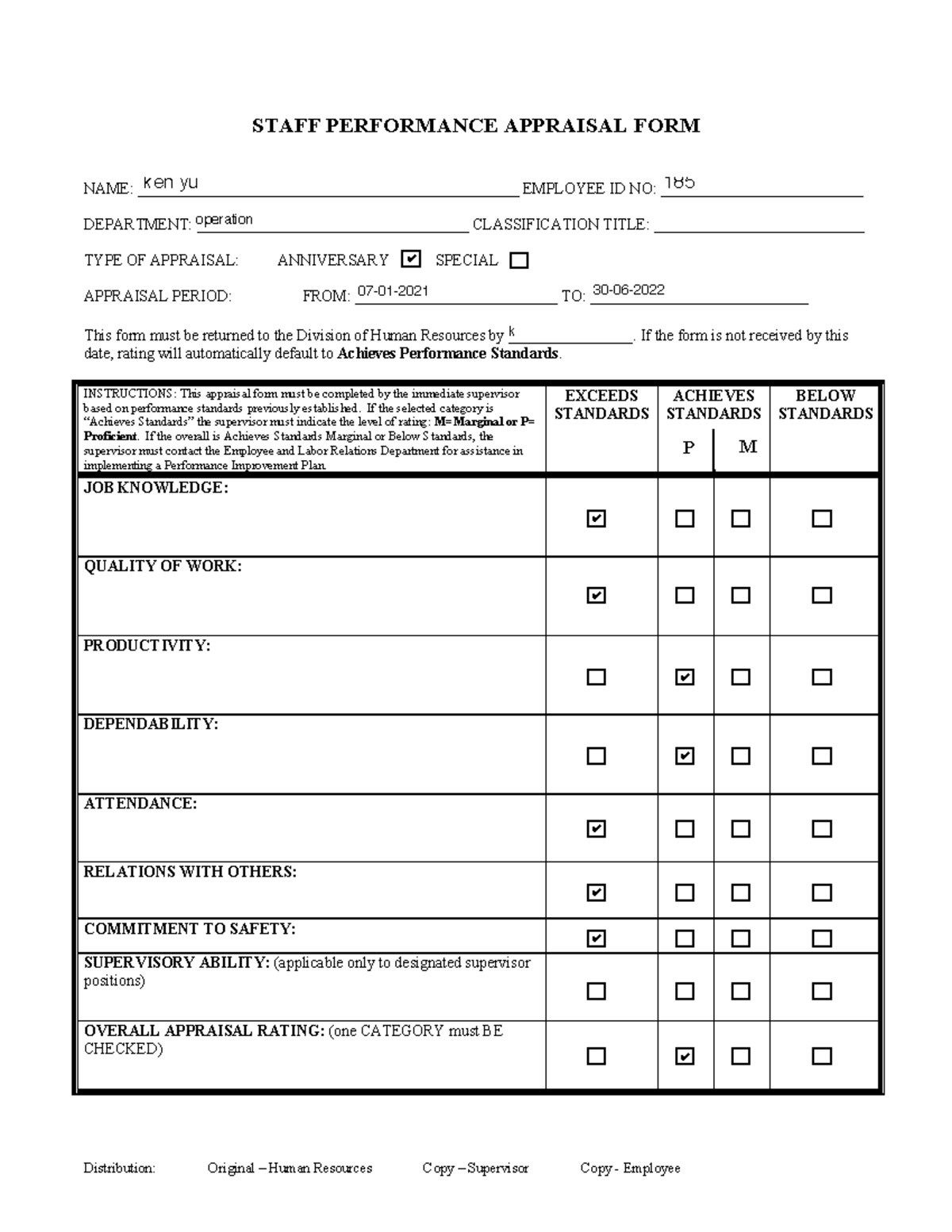 Staff Performance Appraisal Form(Ken) - Distribution: Original – Human ...