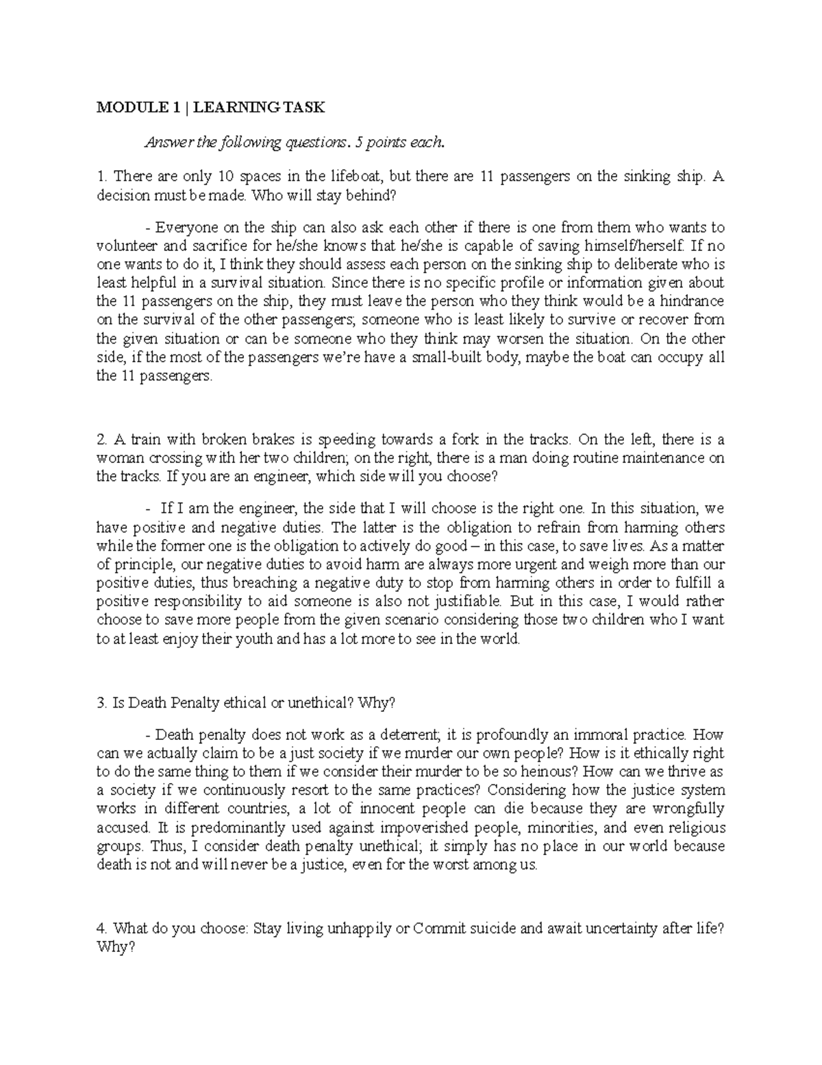 - Situational Essays - MODULE 1 | LEARNING TASK Answer the following questions. 5 points each ...