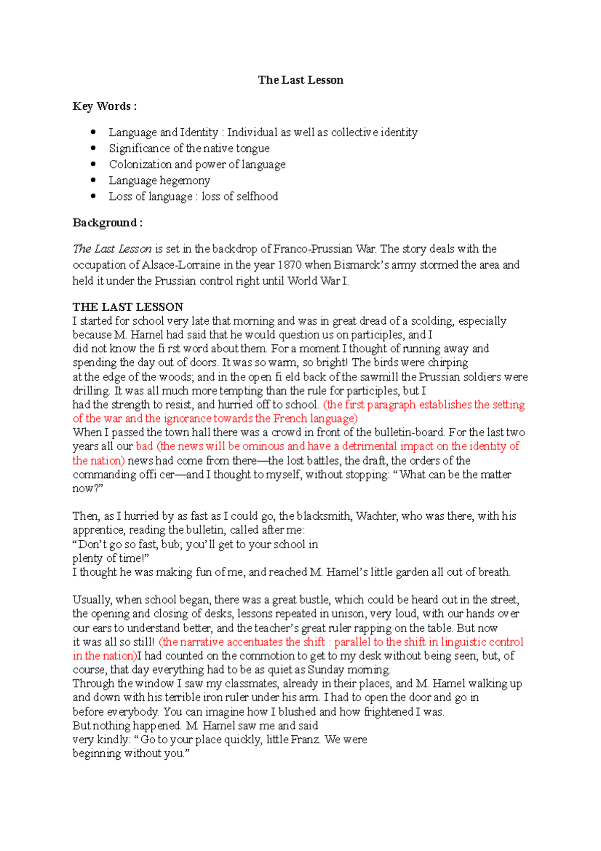 The Last Lesson - The story deals with the occupation of Alsace ...