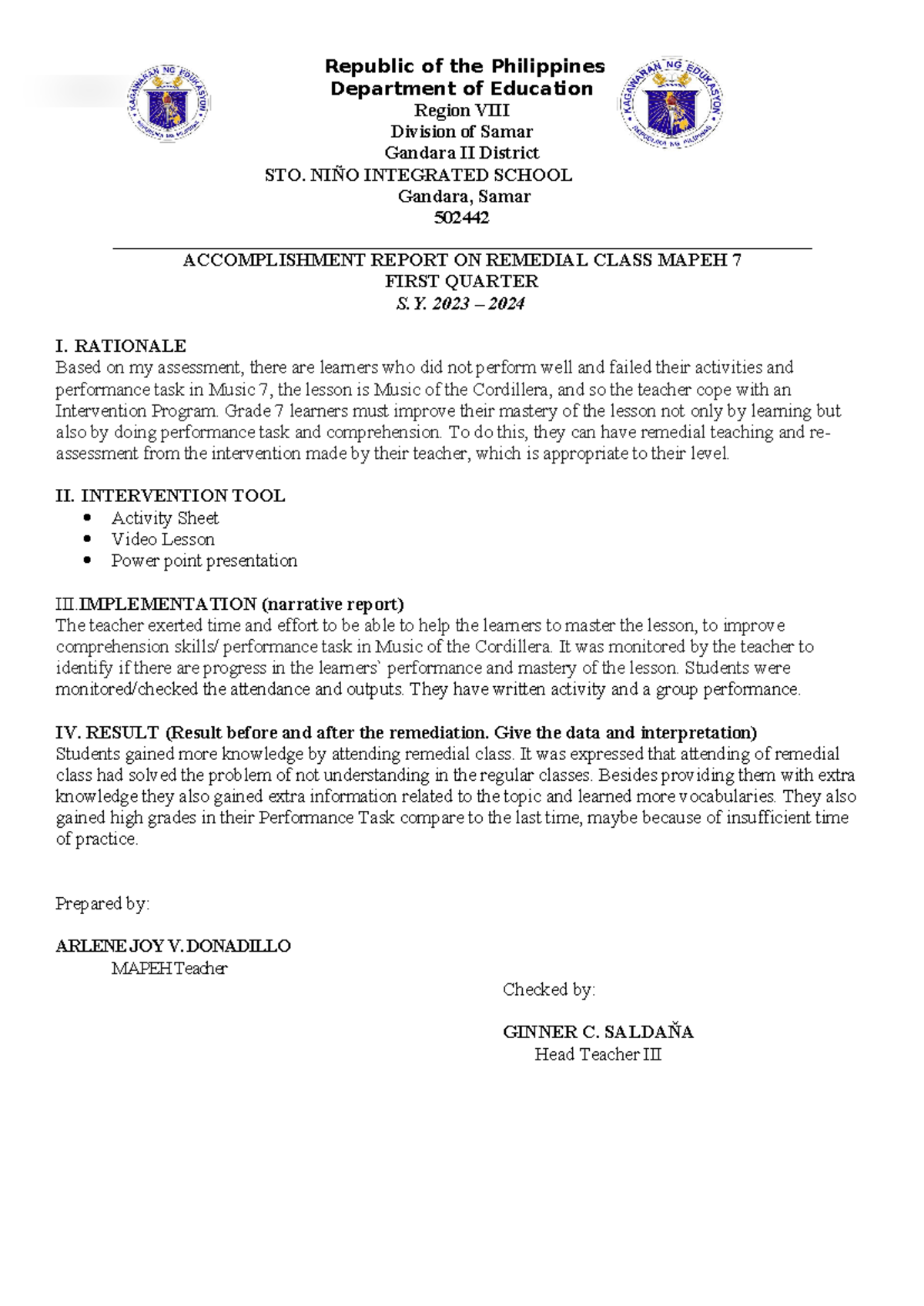 ACR Q1 FOR RPMS - ACR Q1 FOR RPMS - Republic of the Philippines ...
