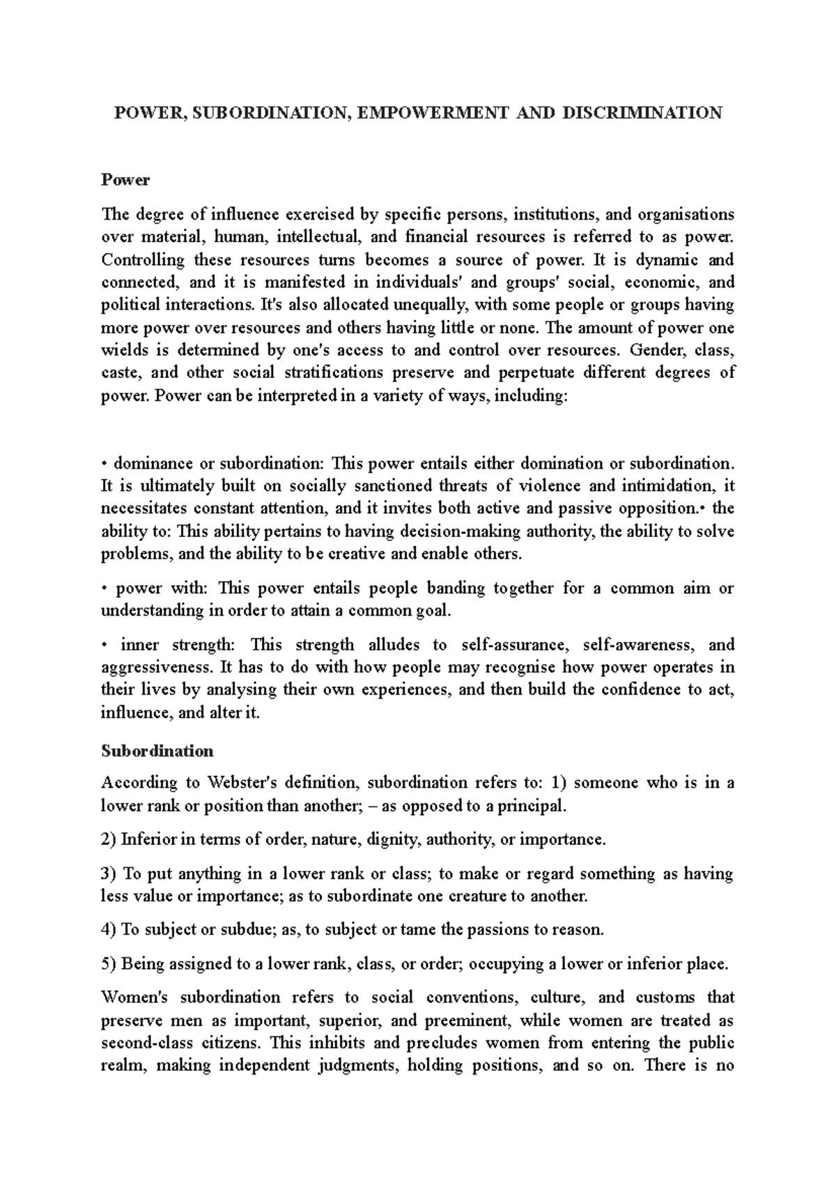 Power, Subordination, Empowerment AND Discrimination - POWER ...