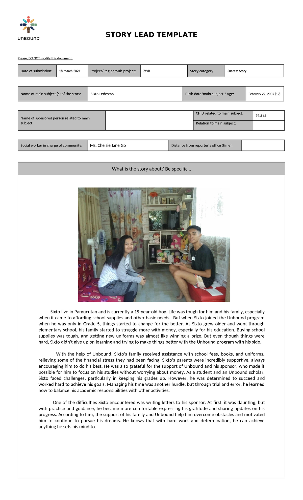 Aisa Calugcugan success story - STORY LEAD TEMPLATE Please, DO NOT ...